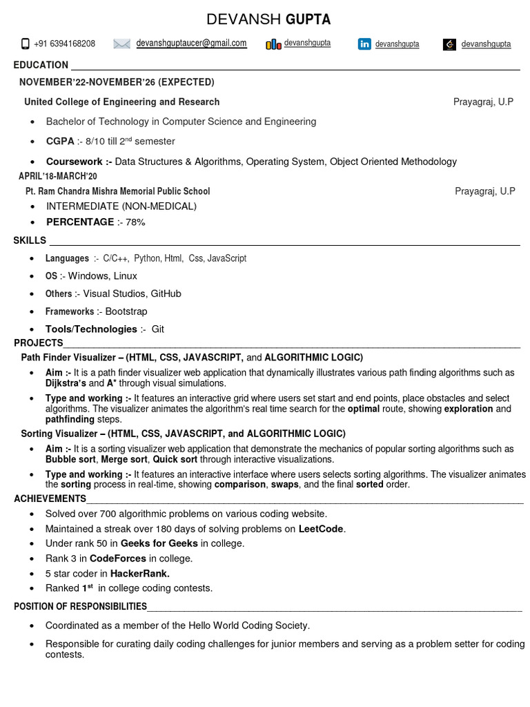 devansh-resume | Download Free PDF | Computer Programming | Java Script