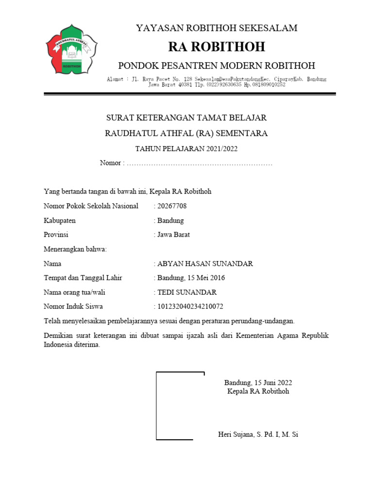 Surat Keterangan Tamat Belajar 2021-2022 | PDF