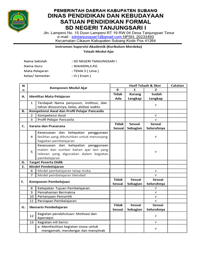 Instrumen Supervisi Penelaahan Modul Ajar | PDF | Karier & Perkembangan