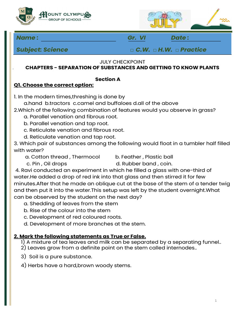 Grade VI CHECKPOINT Science JULY | PDF | Leaf | Water