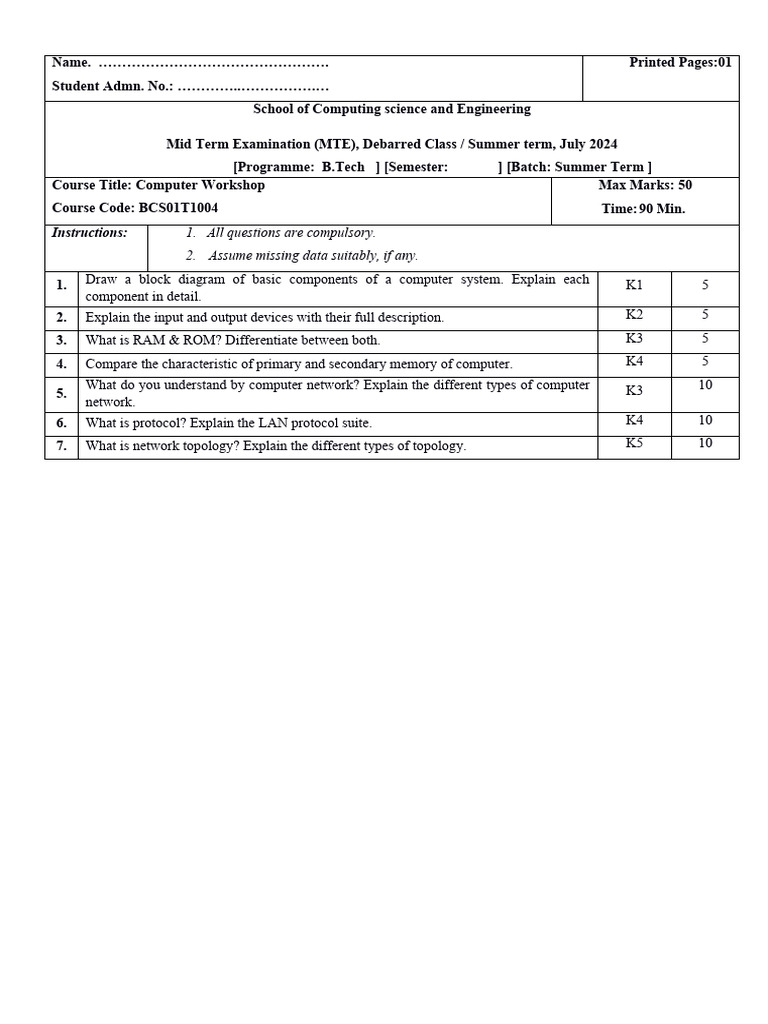Set 1 Computer Workshop MTE Question Paper Template July 2024 | PDF ...