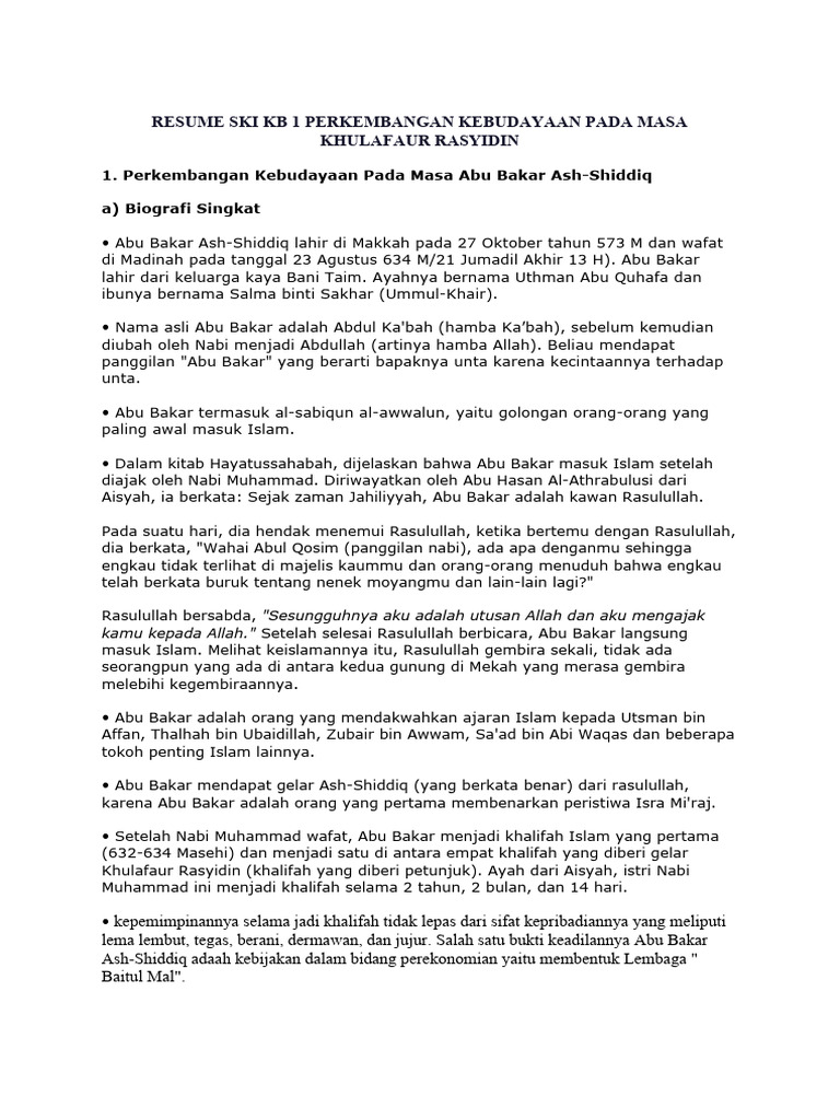 RESUME SKI KB 1 PERKEMBANGAN KEBUDAYAAN PADA MASA KHULAFAUR RASYIDIN | PDF