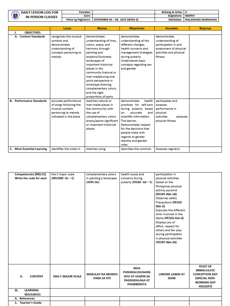 DLL MAPEH (MELCs) W6 | PDF