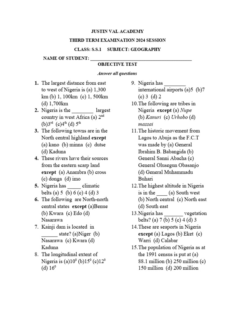GEOGRAPHY THIRD TERM EXAM 2024 | Download Free PDF | Nigeria