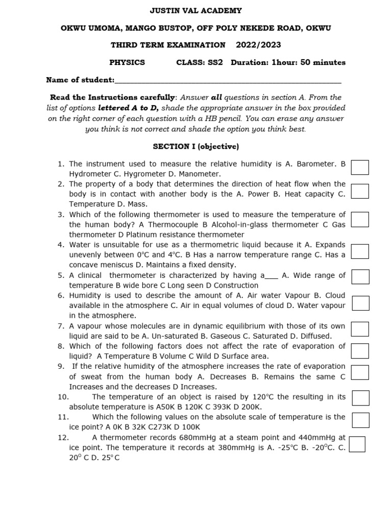 JUSTIN VAL ACADEMY Physics Third Term | PDF | Waves | Temperature