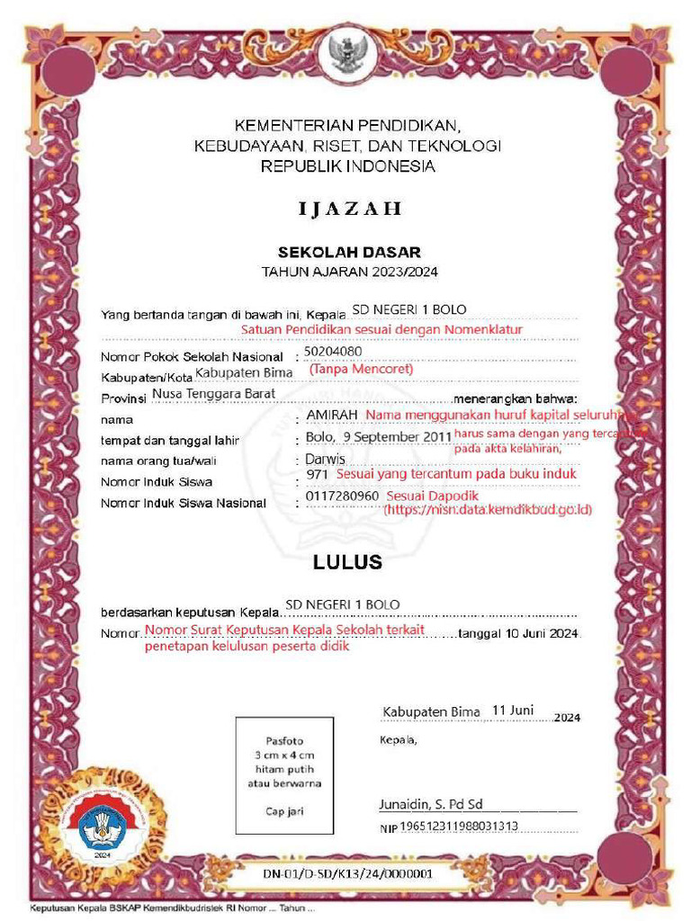 Penulisan Ijazah SD SMP 2023 2024 | PDF