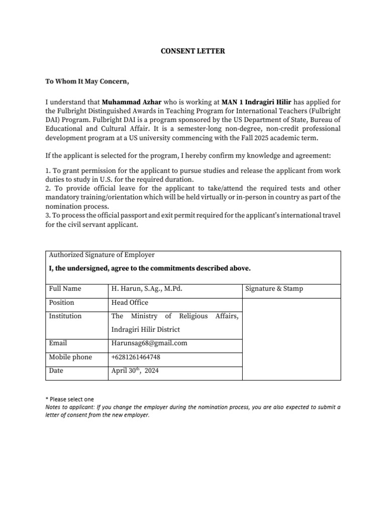 KEMENAG CONSENT LETTER FORMAT - Fulbright DAI | PDF