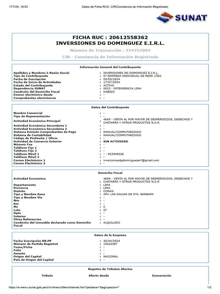 Ficha Ruc - Inversiones DG Dominguez Eirl | PDF | Industrias de servicio