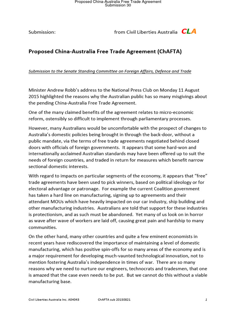 ChAFTA Concerns: Impact on Australian Jobs and Economy | PDF ...