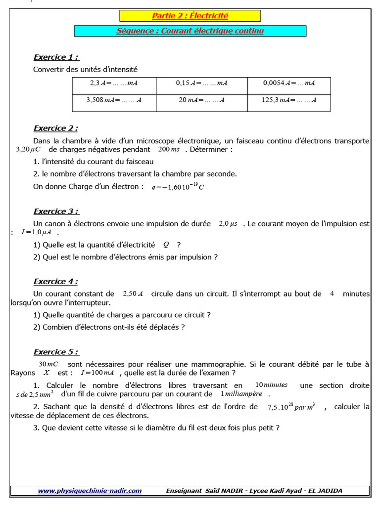 Exercices sur le courant électrique continu | PDF | Électron | Courant ...