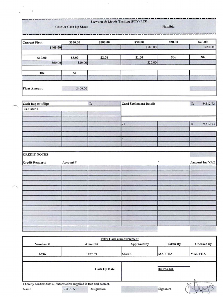 Cash Up Sheet 2024.07.02.-Letisia | PDF