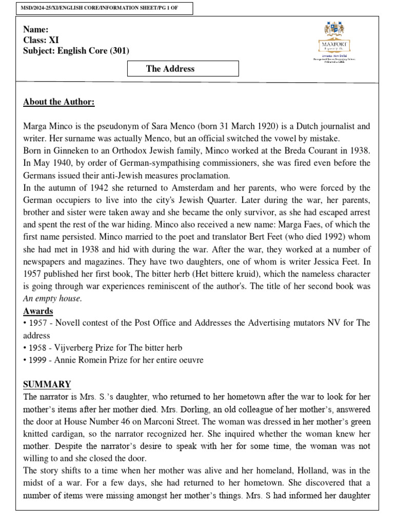 MSD XI English Core Inf Sheet The Address | PDF