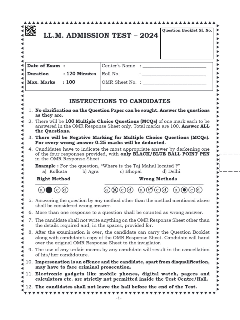 Master Question Booklet LLM 2024 | PDF | Lease | Multiple Choice