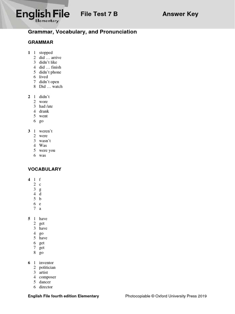 EF4e Elem Filetest 07b Answer Key | PDF | Vocabulary | Learning