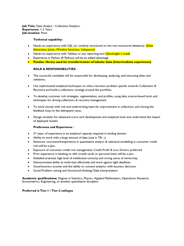 Data Analyst - Collection Analytics | PDF