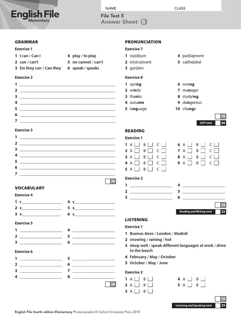 EF4e File Test 5B Answer Sheet | PDF | Psycholinguistics | Sociolinguistics