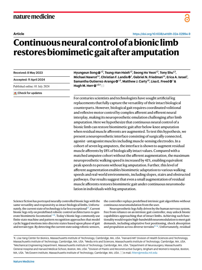 Continuous Neural Control of A Bionic Limb Restores Biomimetic Gait ...