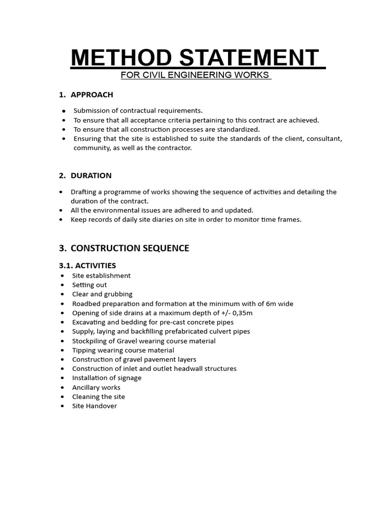 Civil Engineering Works Method Statement | PDF | Road | Civil Engineering