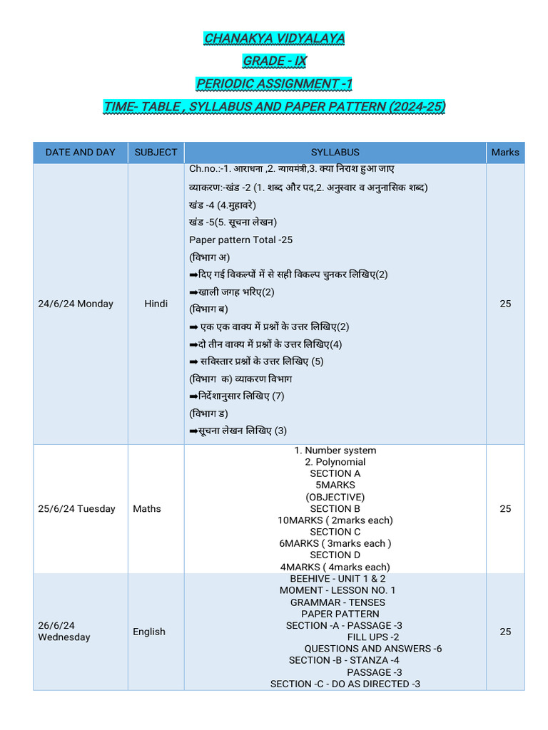 9th P.A-1 Exam Time Table N Paper Pattern | PDF