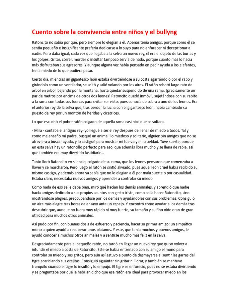 Cuento Sobre La Convivencia Entre Niños Y El Bullyng Pdf