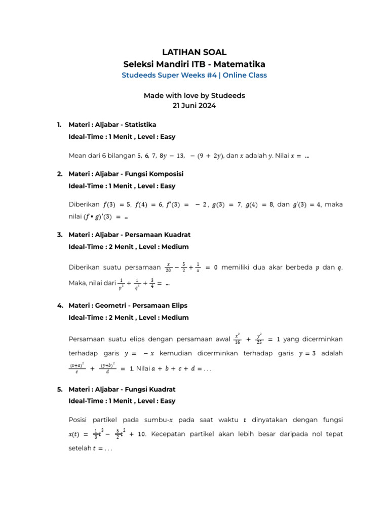 Latihan Soal SSW SM-ITB 2024 #4 - Matematika | PDF