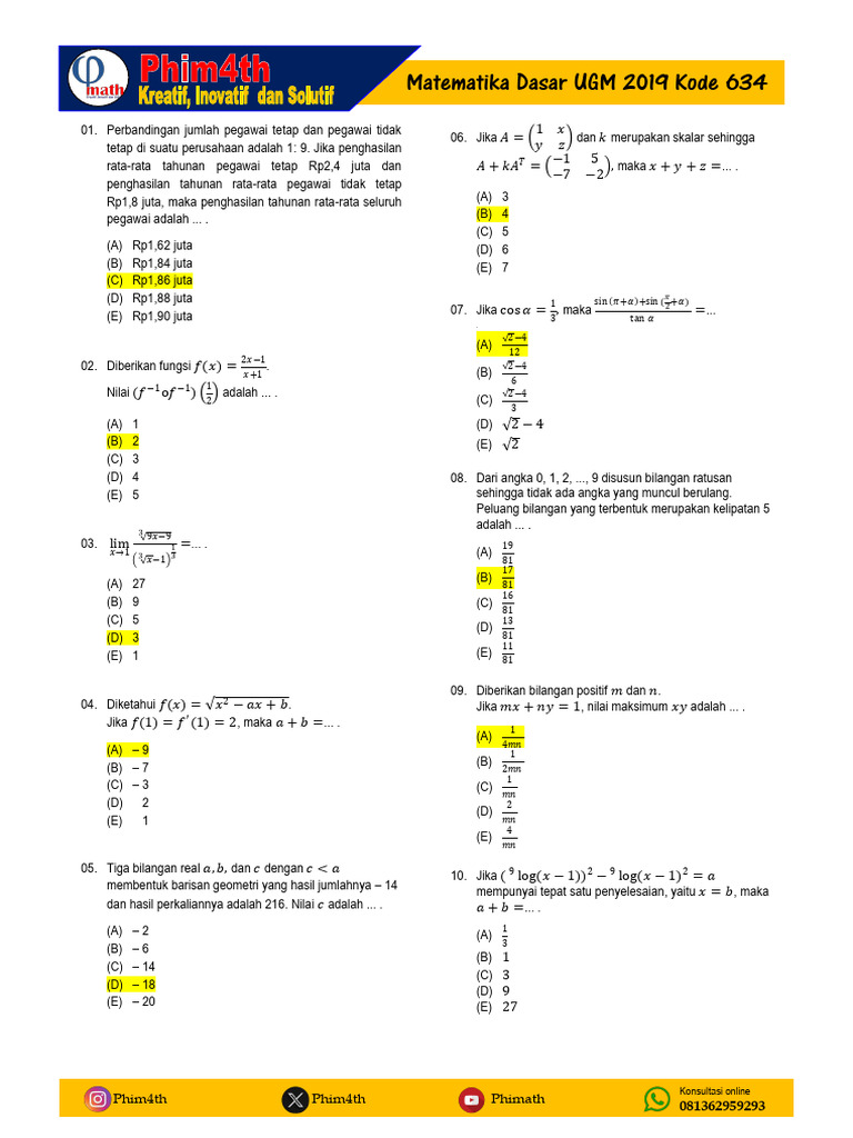 Matematika Dasar UM UGM 2019 - 2023 | PDF