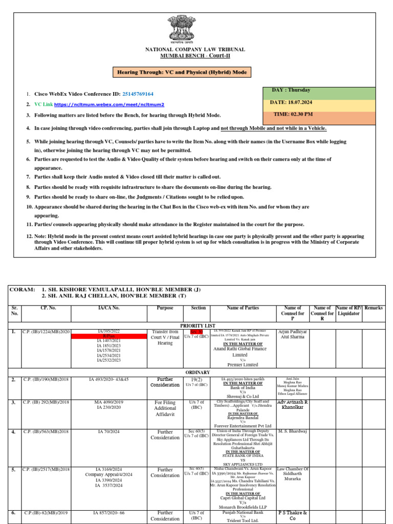 18.07.2024 Cause List C - Ii | PDF | Videotelephony