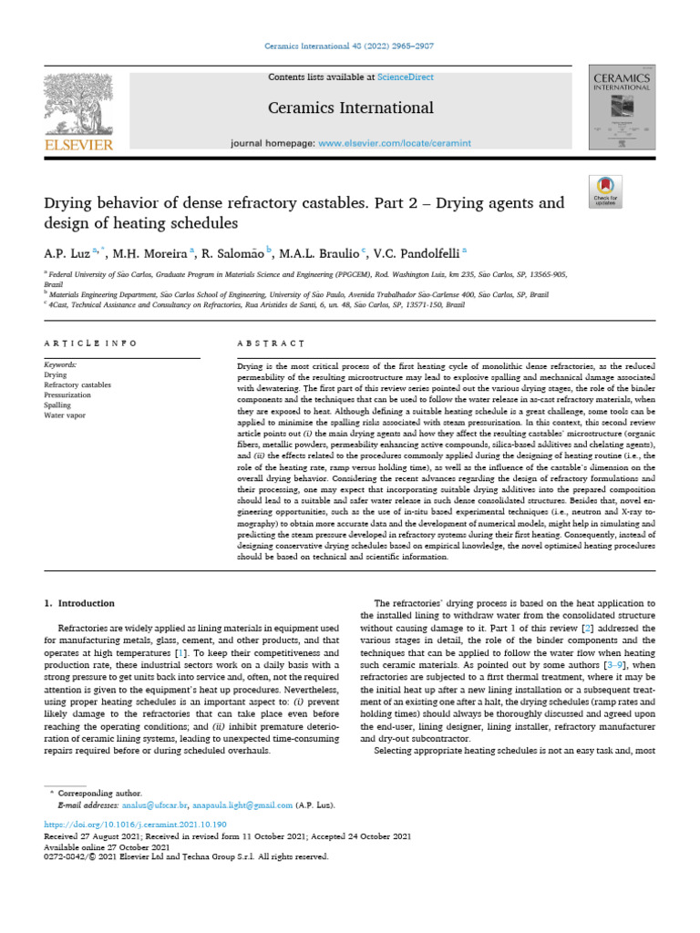 Drying Behavior of Dense Refractory Castables. Part 2 - Drying Agents and | PDF | Refractory ...