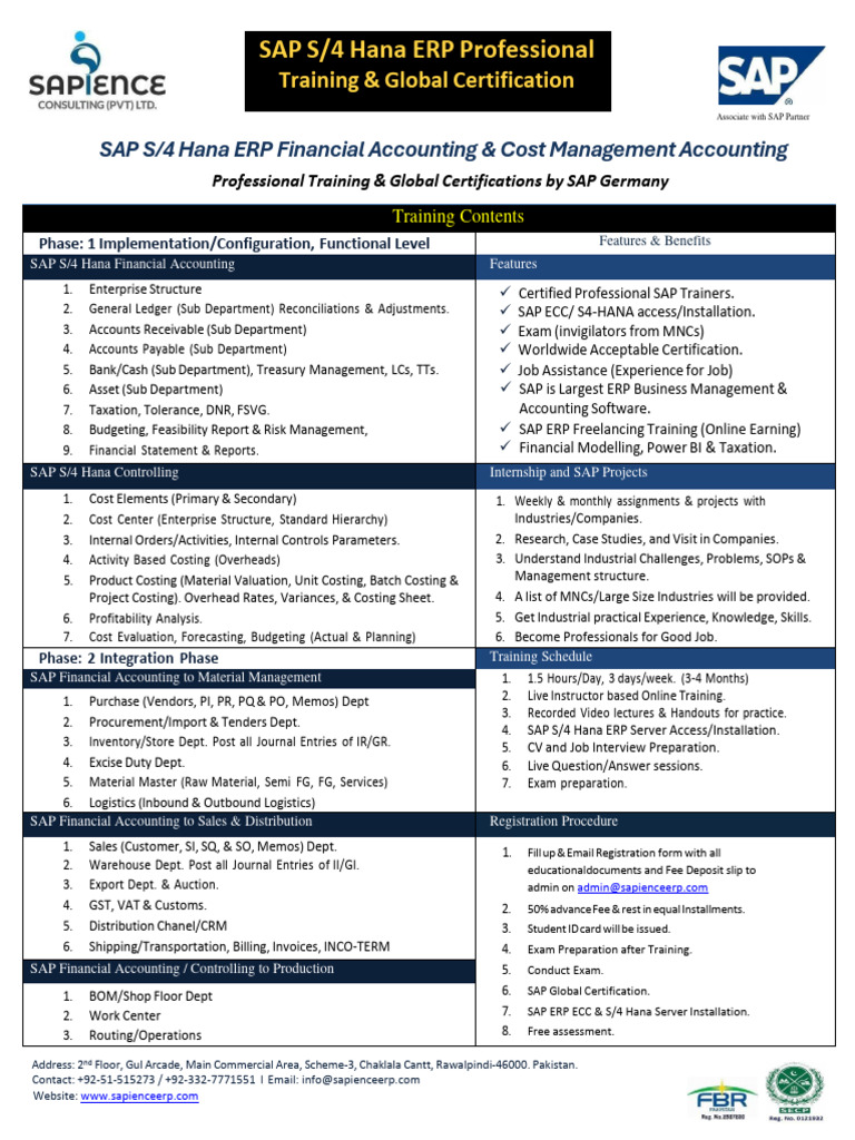 Sap S4 Hana Erp Fi Co Training Contents And Detials 2024 Sapience Consulting Pdf Enterprise