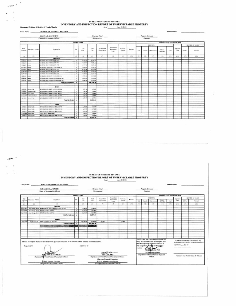 NO - Inventory and Inspection Report On Unserviceable Property - Jul 2 ...