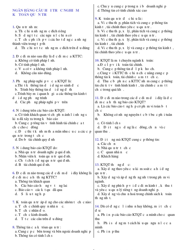 Ngan Hang Cau Hoi Trac Nghiem KTQT | PDF