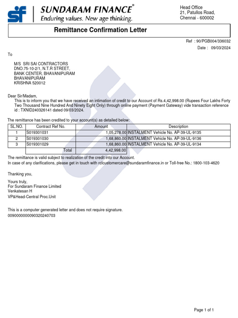 Remittance Confirmation Letter | PDF