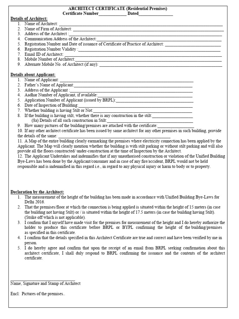 Format For Architect Certificate Residential Premises | PDF | Architect