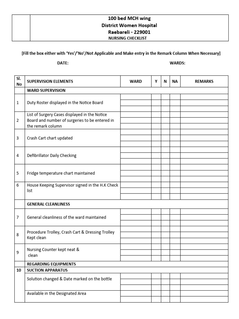 Nursing Checklist for MCH Wing Raebareli | PDF | Patient | Nursing