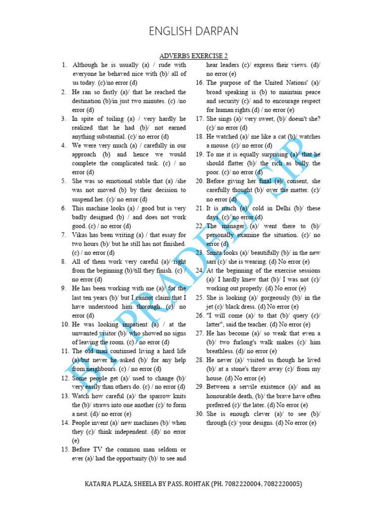 Adverbs Exercise 2 With Answer Key | PDF
