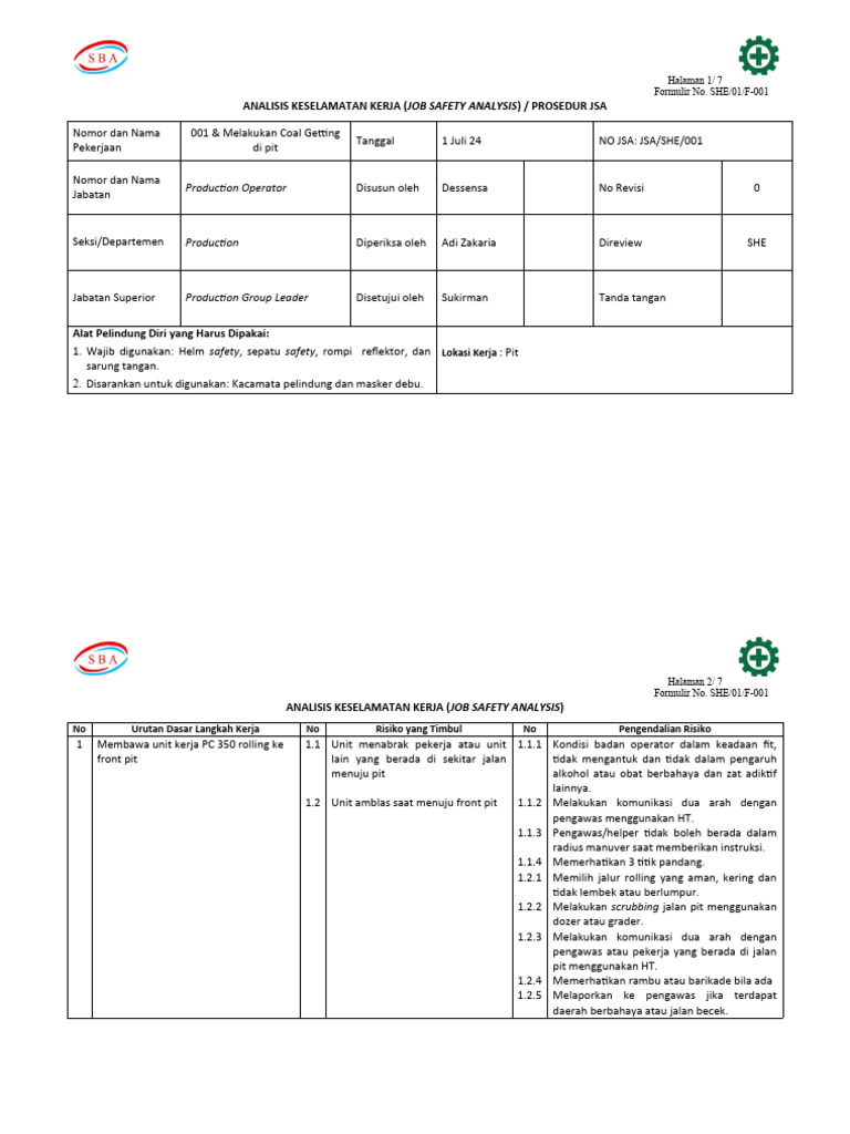 JSA Melakukan Coal Getting | PDF