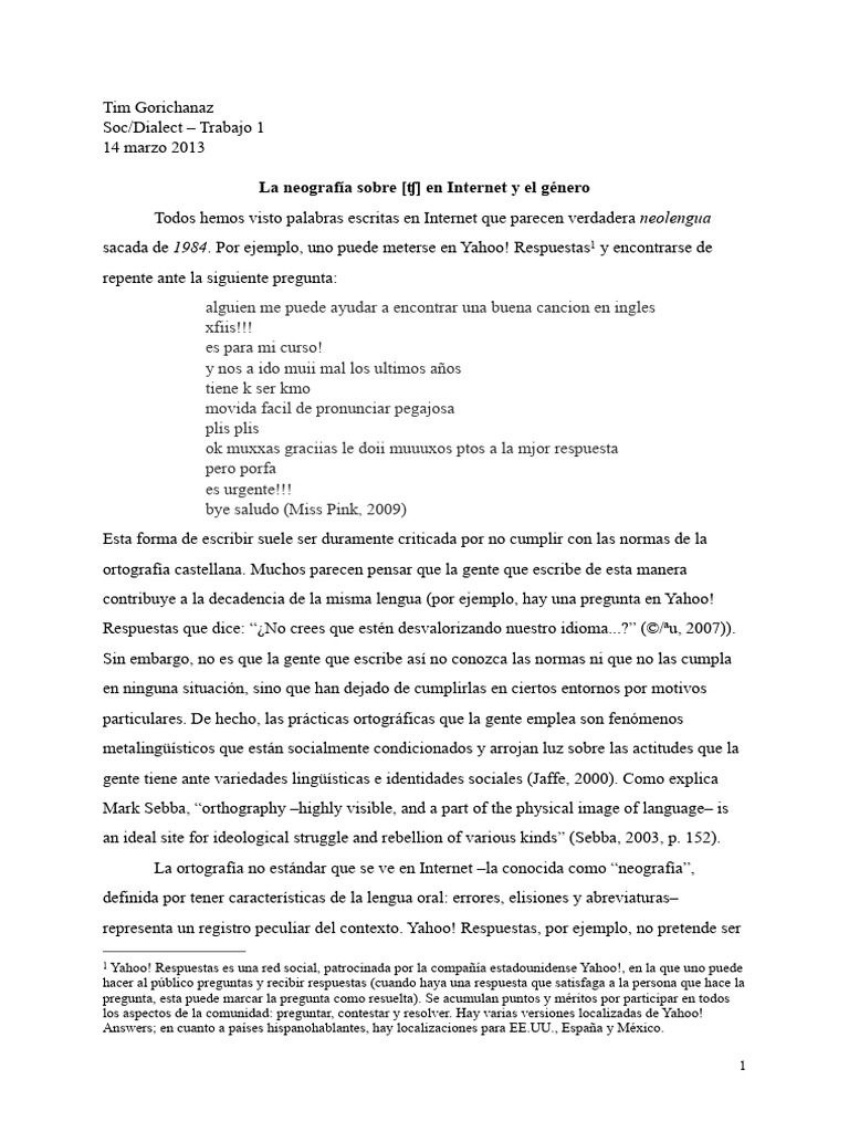 Neografía en español: género y escritura en línea | PDF | Lengua ...