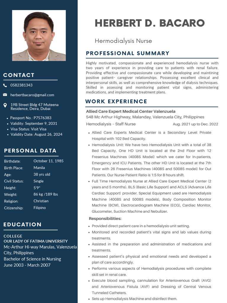 Herbert Bacaro CV | PDF | Hemodialysis | Nursing