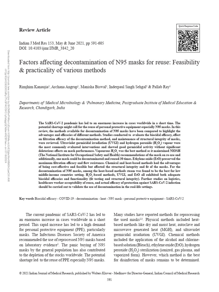 Factors Affecting Decontamination of n95 Masks For.18 | PDF ...
