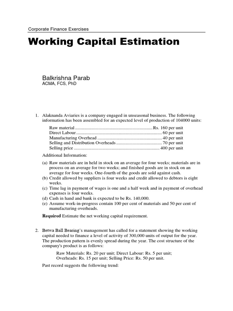 Working Capital Requirement Estimation | PDF | Credit | Finance & Money ...