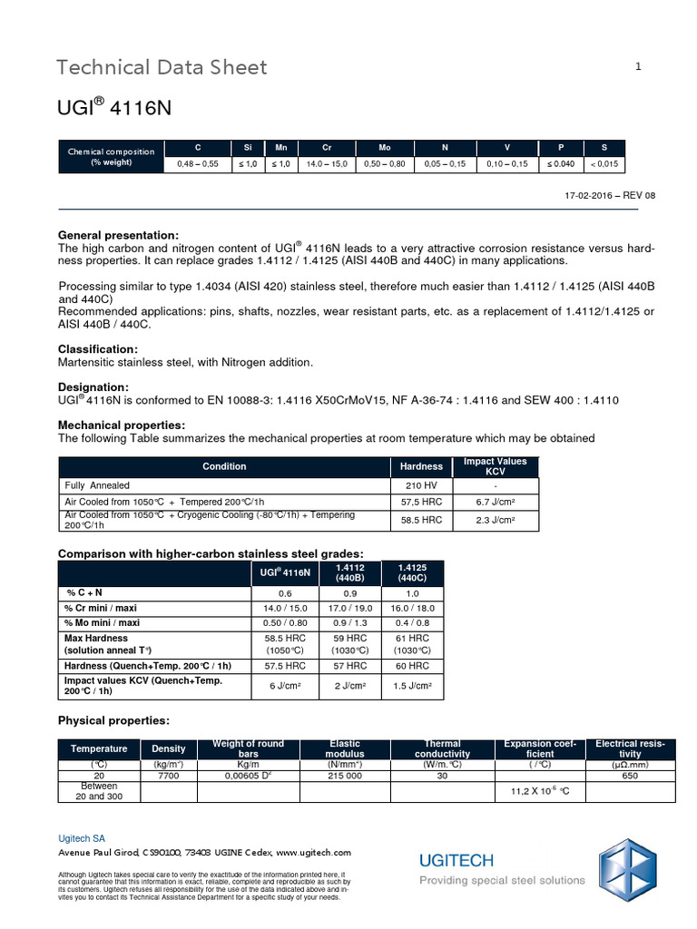 Ugitech 4116N-440M Datasheet1 | PDF