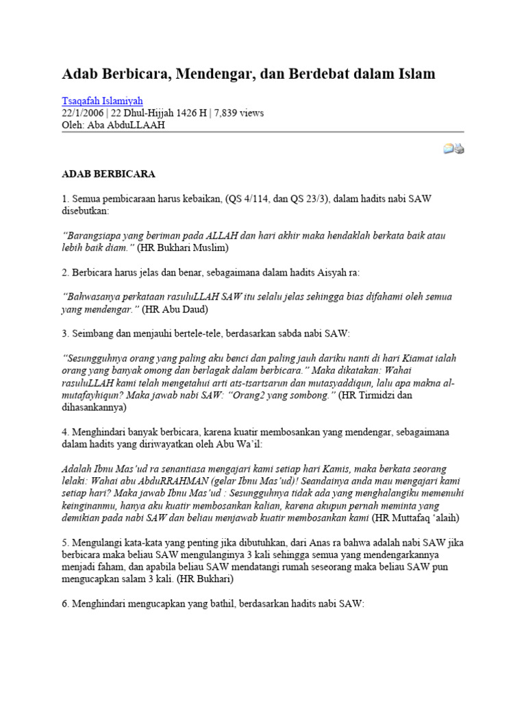 Adab Berbicara, Mendengar, Dan Berdebat Dalam Islam | PDF