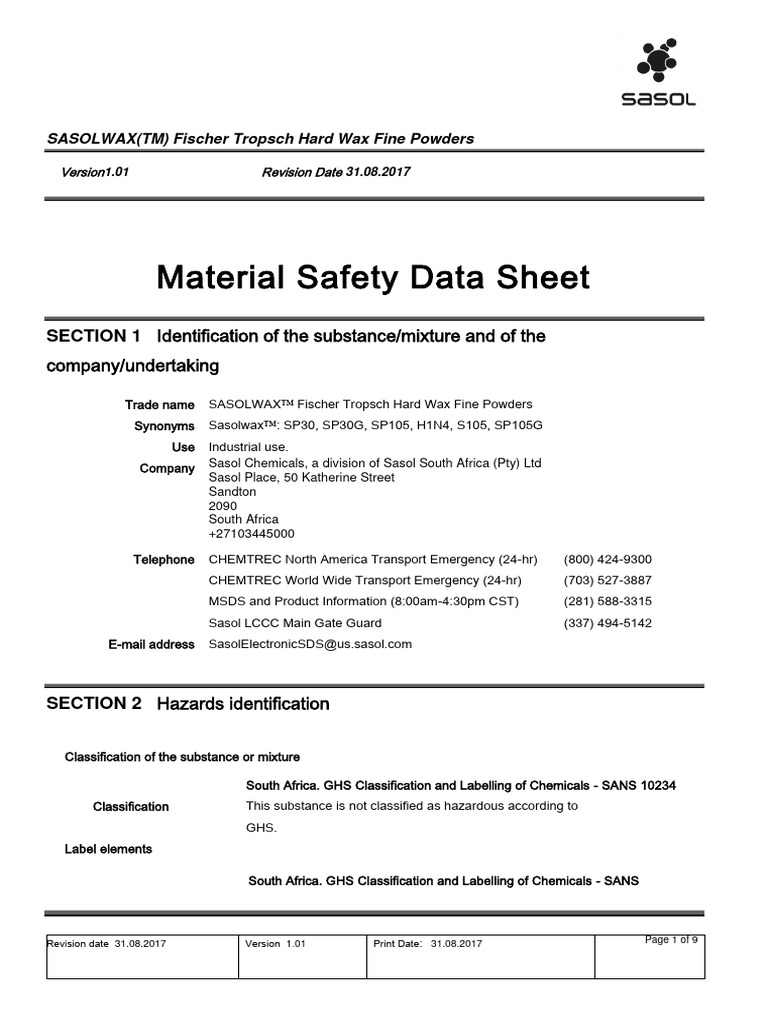 Sasolwax FT Hard Wax MSDS Summary | PDF | Materials | Occupational ...