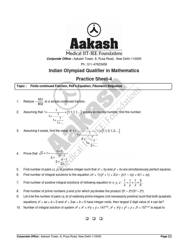 IOQM - Practice Sheet-4 - (Only Que.) | PDF | Numbers | Algebra