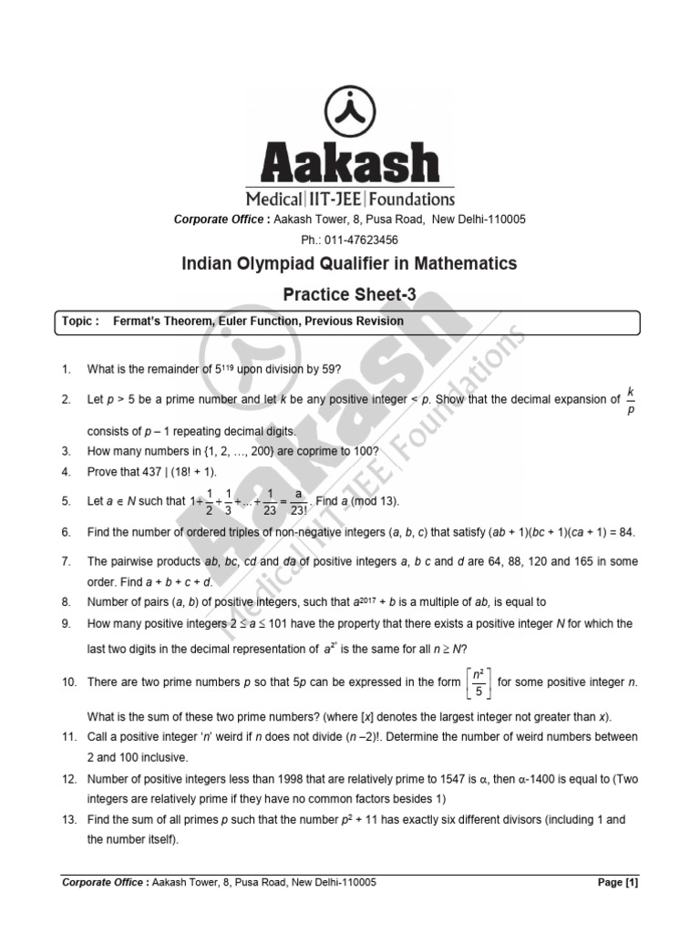 IOQM - Practice Sheet-3 - (Only Que.) | PDF | Prime Number | Elementary Mathematics