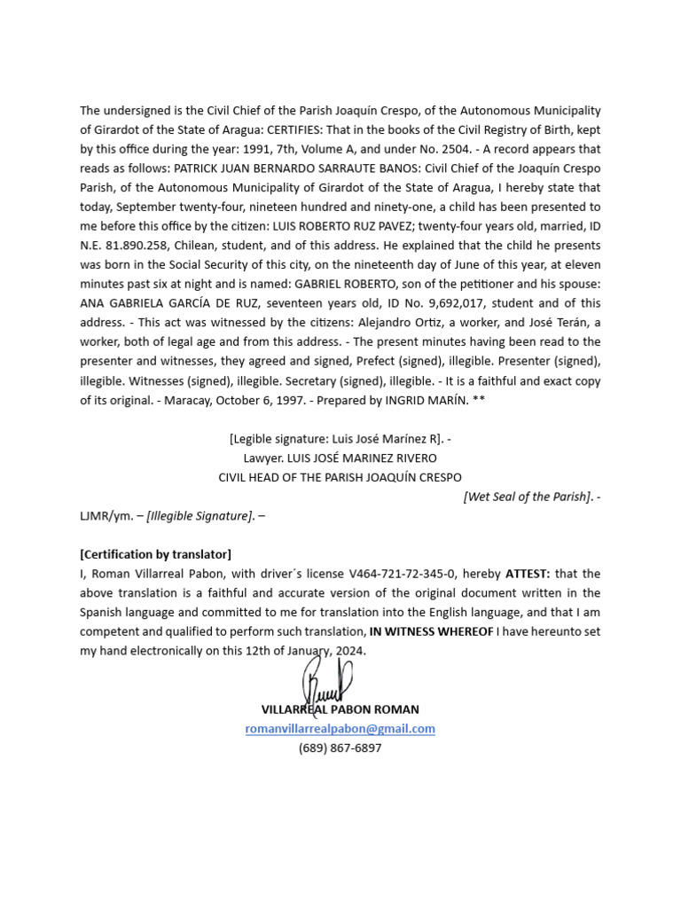 Birth Certificate Gabriel Ruz | PDF | Document