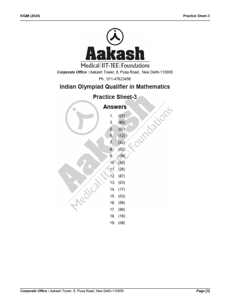 IOQM - Practice Sheet-3 - (Answer Key & Sol.) | PDF | Mathematical ...
