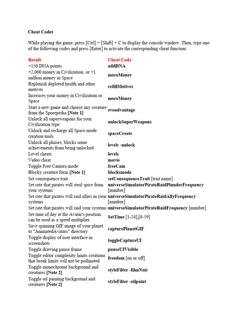 Cheat Codes SPORE | PDF