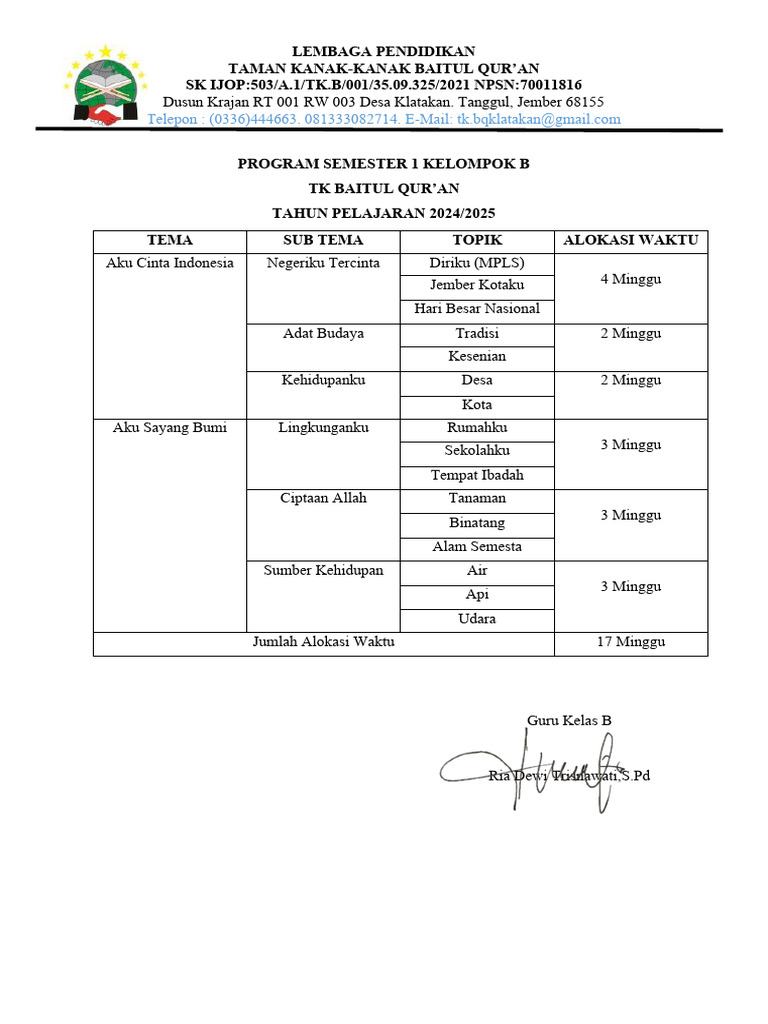 Program Semester TK Baitul Qur'an 2024-2025 | PDF