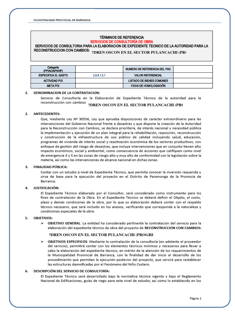 TDR - Dren Pulancachi | PDF | Presupuesto